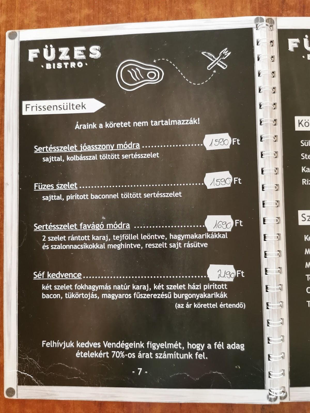 Menu at Füzes Bistro restaurant, Pörböly