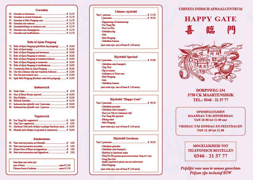 Menu at Happy Gate, Maartensdijk