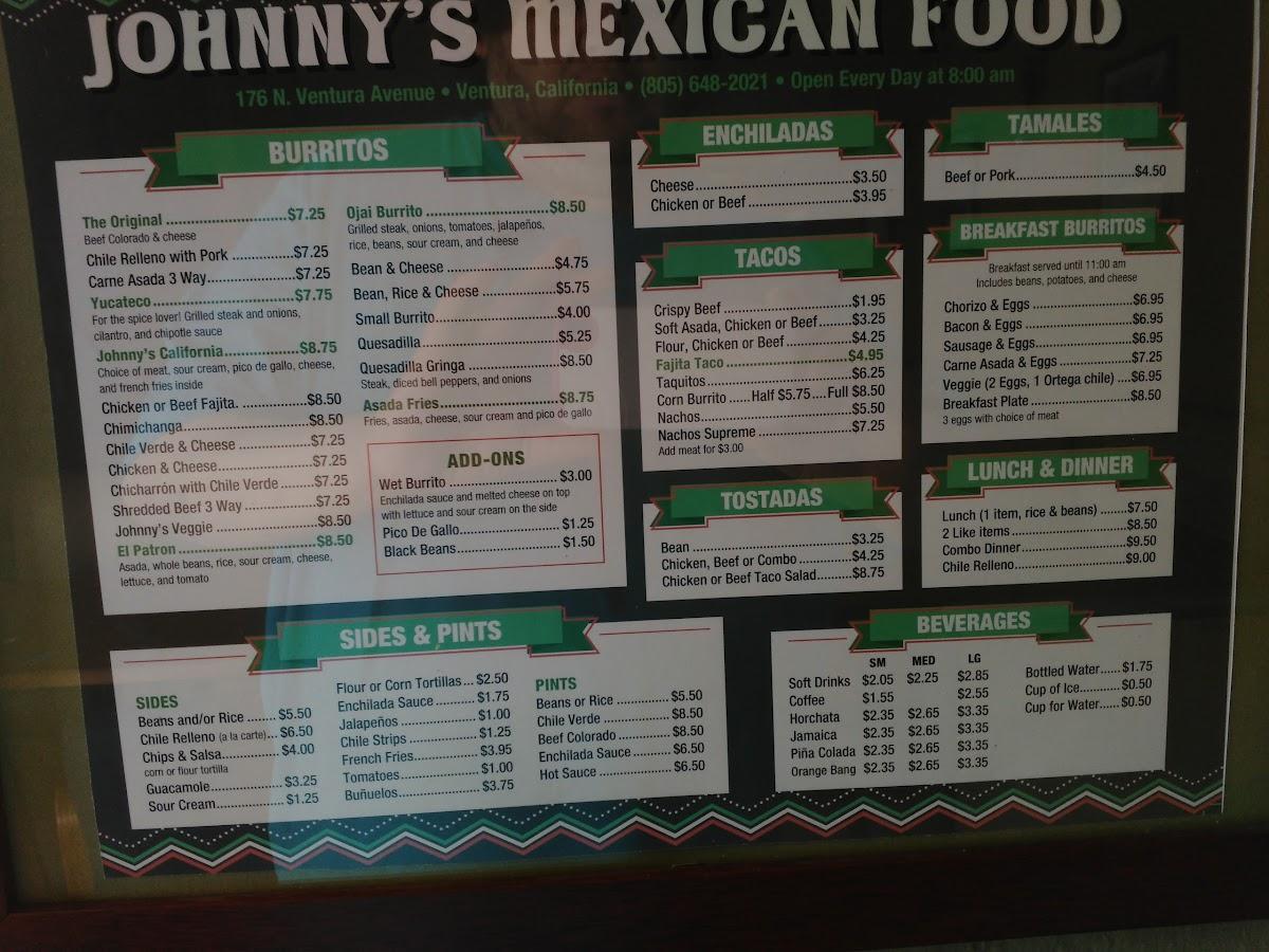 Menu at Johnny's Mexican Food restaurant, Ventura