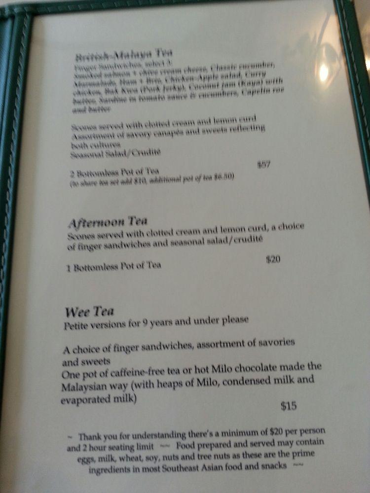 Menu at Malaya Tea Room restaurant, Alameda