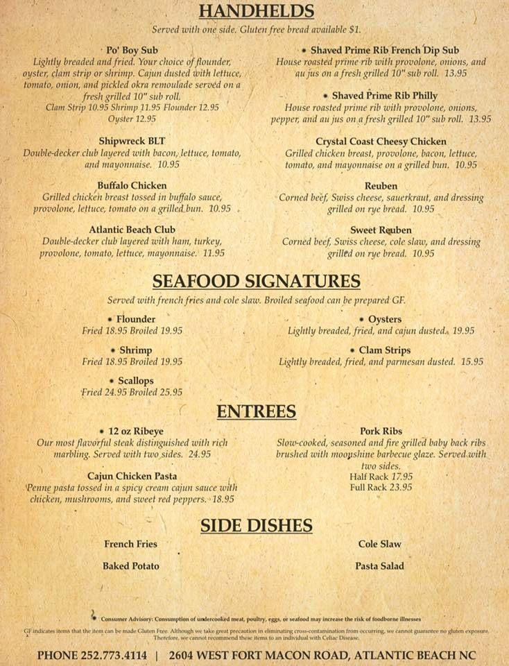 Menu at On The Rocks pub & bar, Atlantic Beach