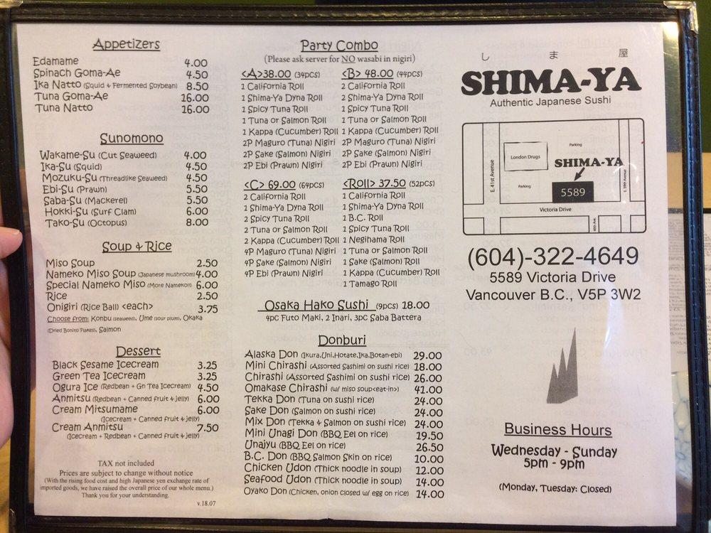 Menu at Shima-Ya Sushi restaurant, Vancouver