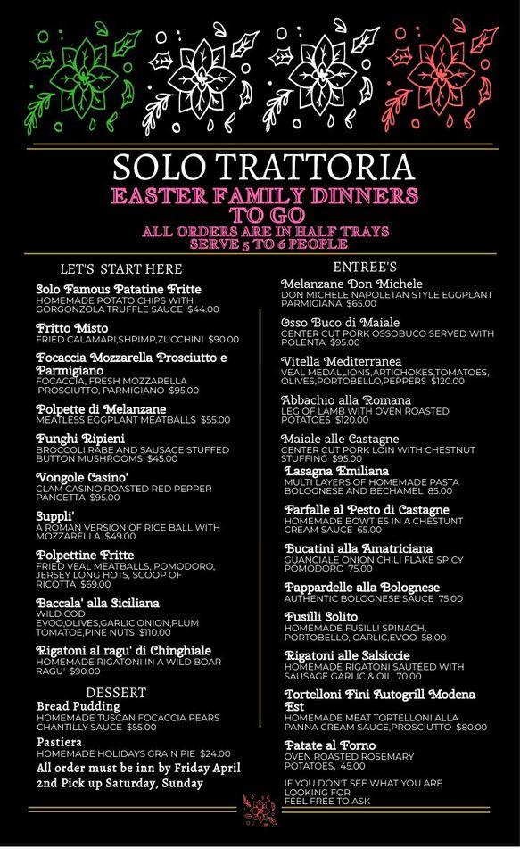 Menu at Solo Trattoria pizzeria, Freehold