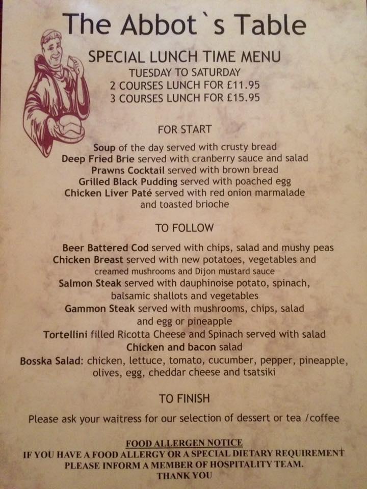 Menu at The Abbot's Table restaurant, Tewkesbury