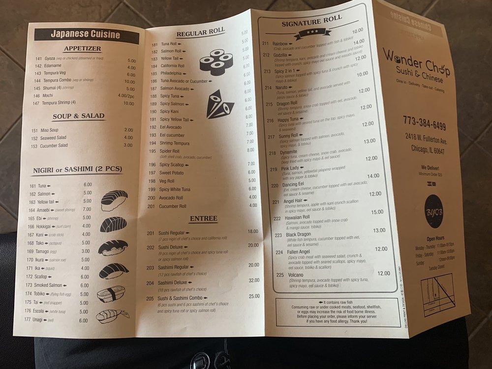 Menu at Wonder Chop restaurant, Chicago