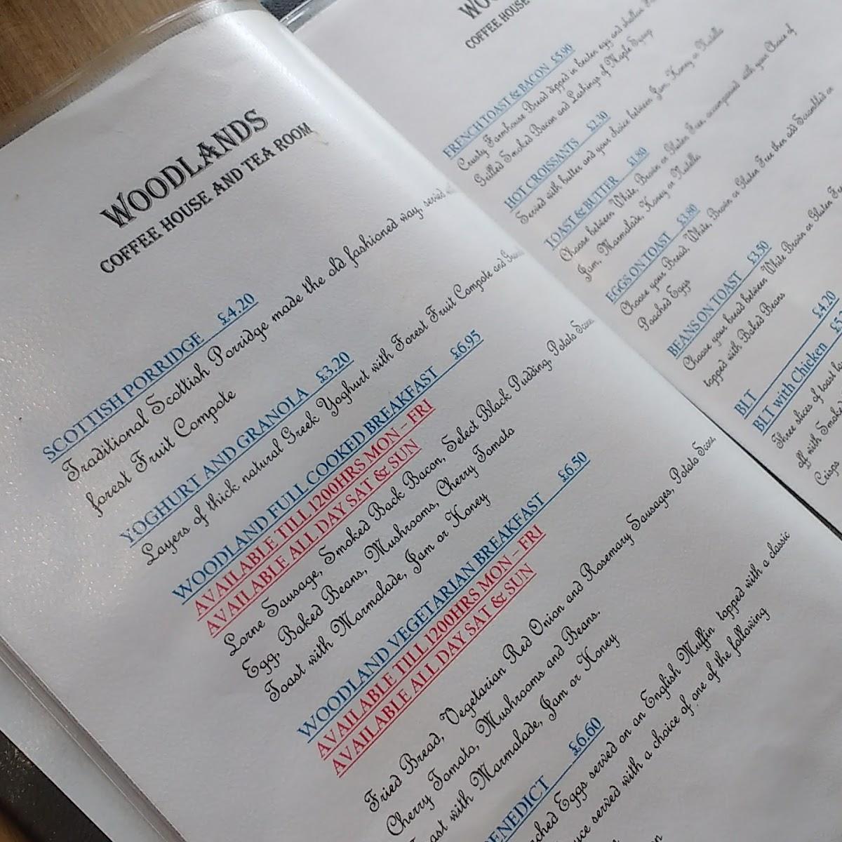 Menu at Woodlands Coffee House & Tea Room, Paisley