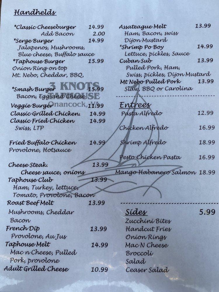 Menu at 3 Knots Taphouse pub & bar, Onancock