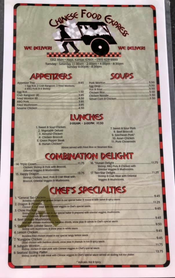 Menu at Chinese Food Express restaurant, Hays, Main St