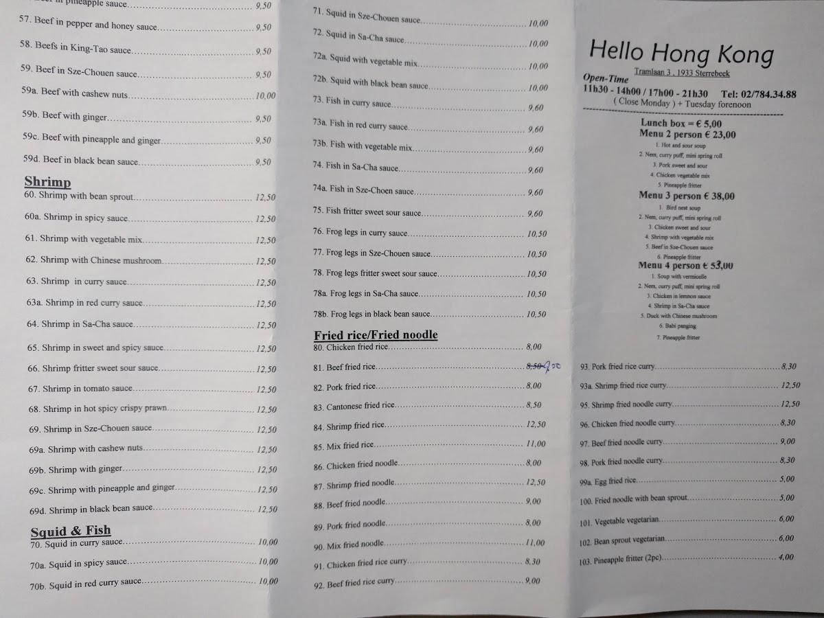 Menu at Hello Hong Kong, Zaventem