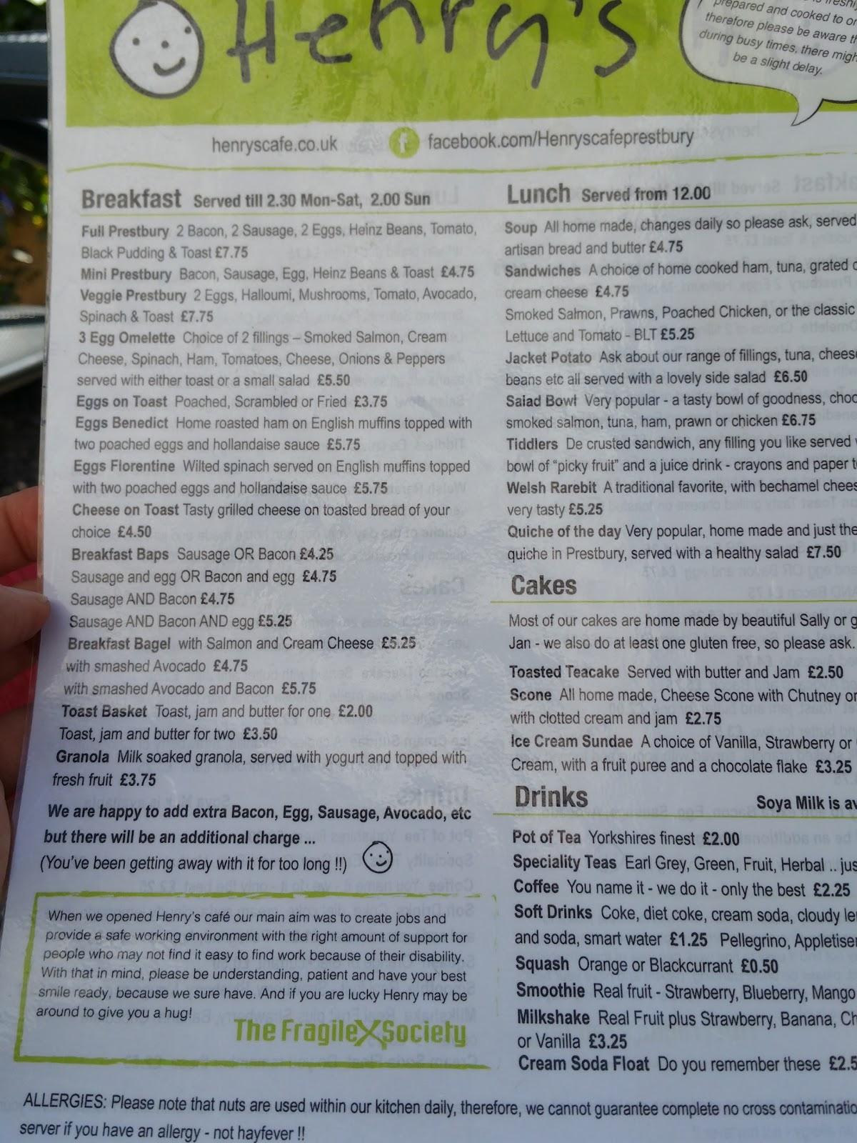 Menu at Henry's Cafe, Prestbury