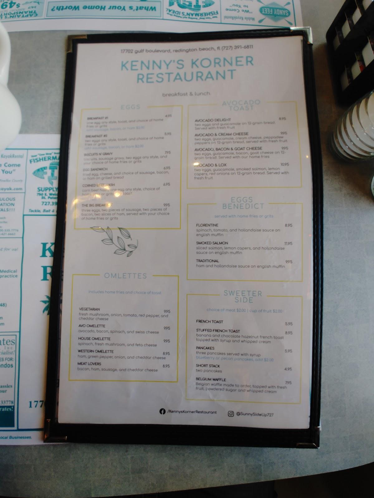 Menu at Kenny's Korner Restaurant, Redington Shores
