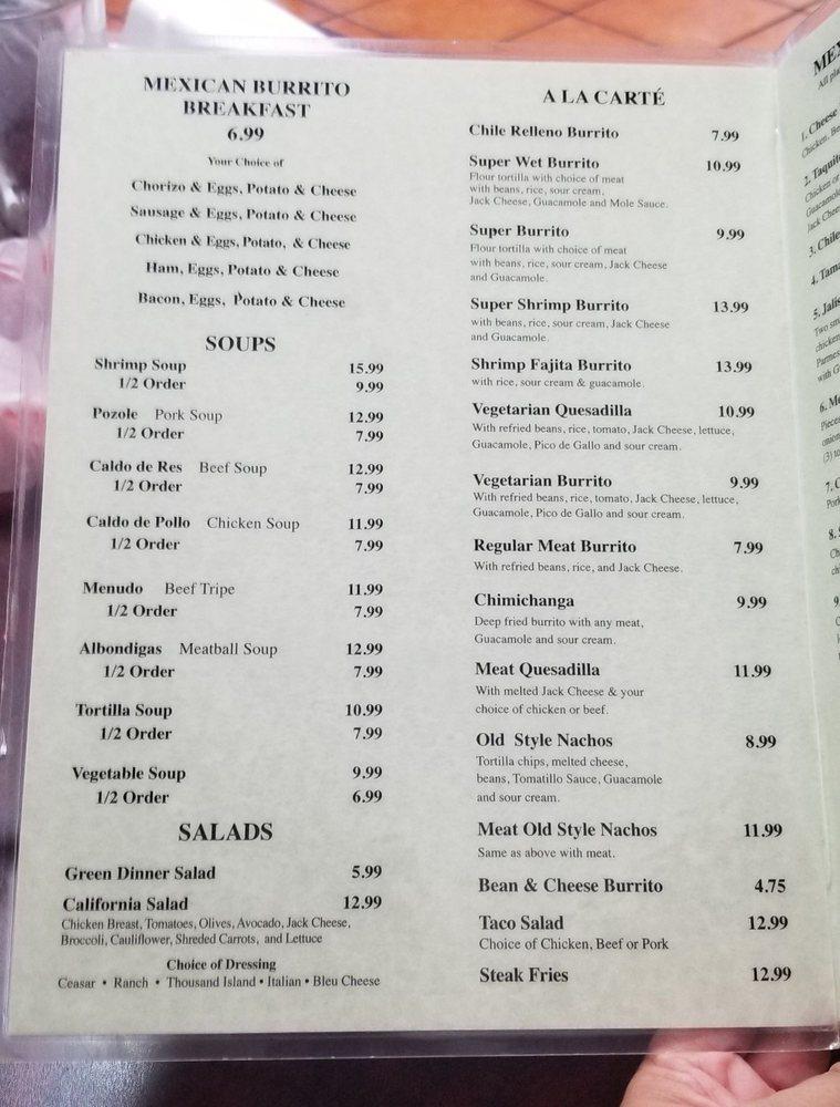 Menu at Mi Jalisco's Taqueria restaurant, Brentwood