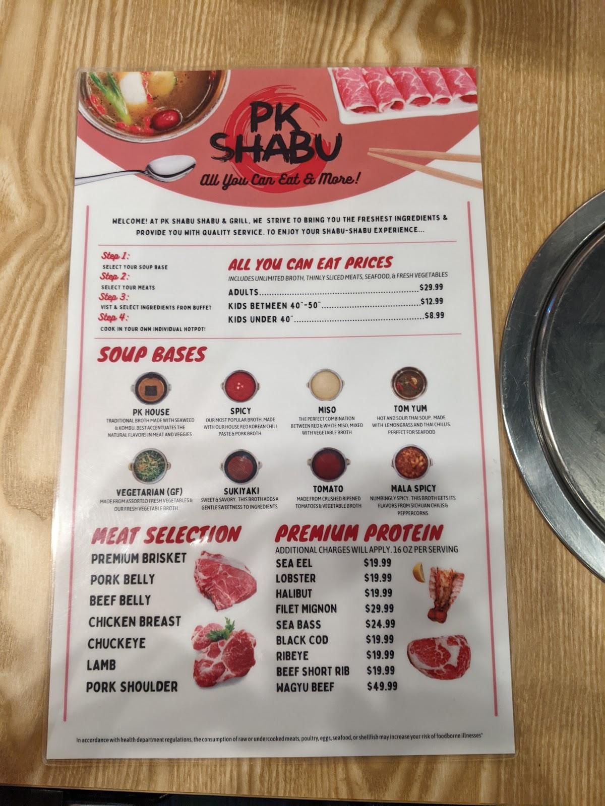 Menu at PK Shabu Shabu restaurant, Mesa