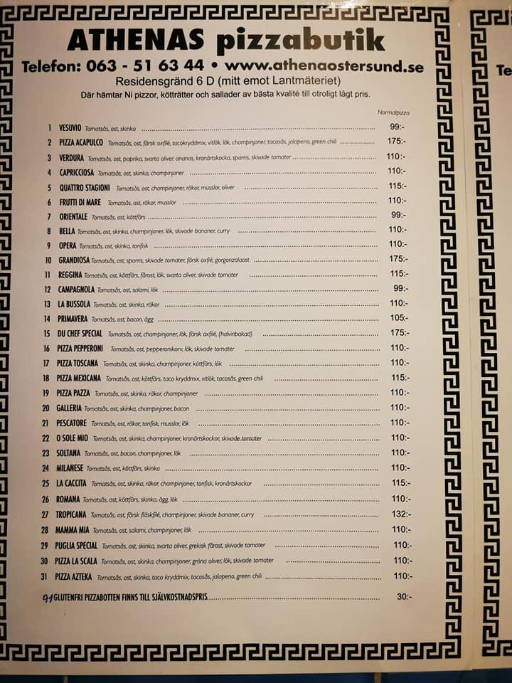 Menu at Restaurang Pizzeria Athena, Östersund