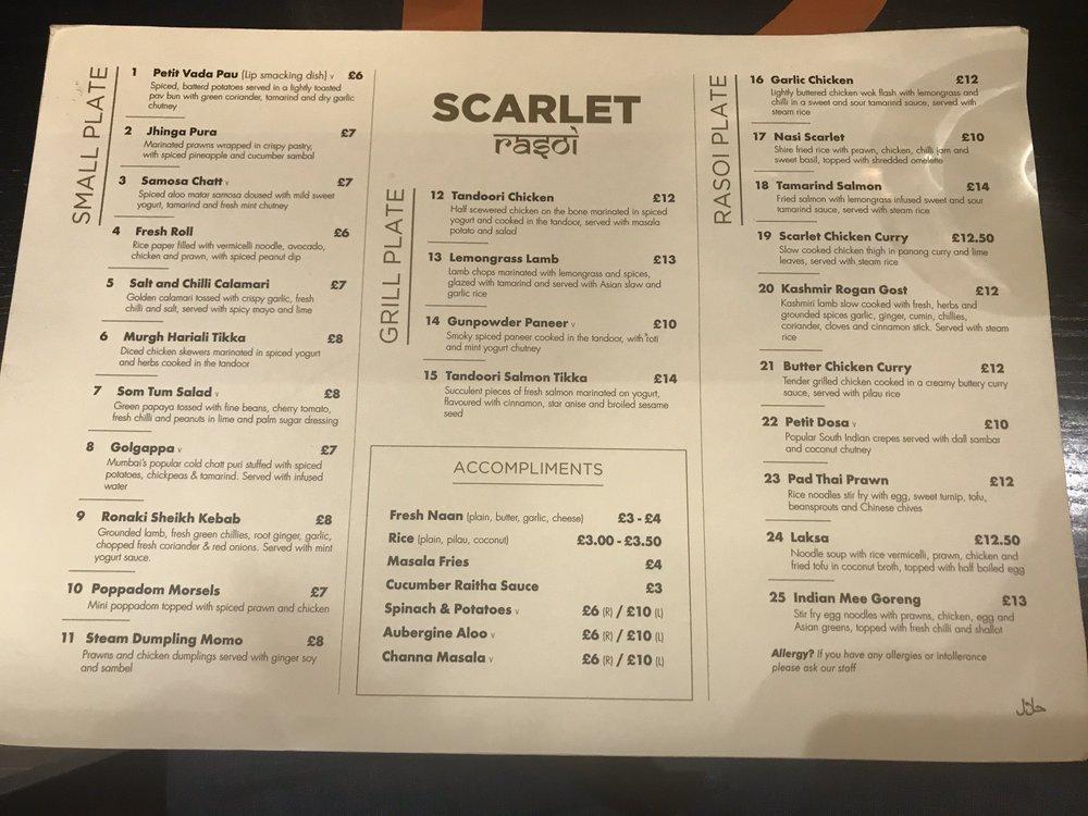 Menu at Scarlet Rasoi restaurant, London, The O2