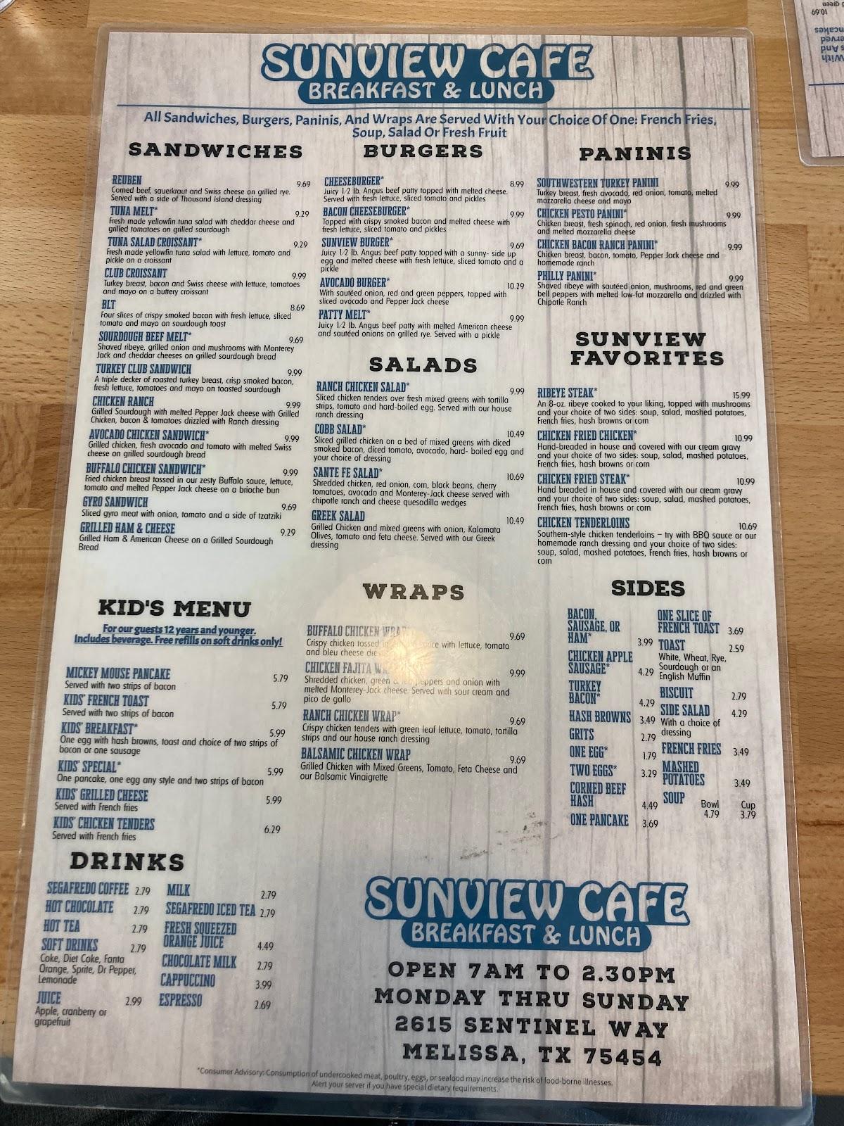 Menu at Sunview Cafe, Melissa
