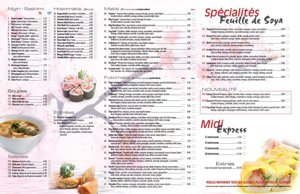 Menu at Yoshi Sushi restaurant, Montréal