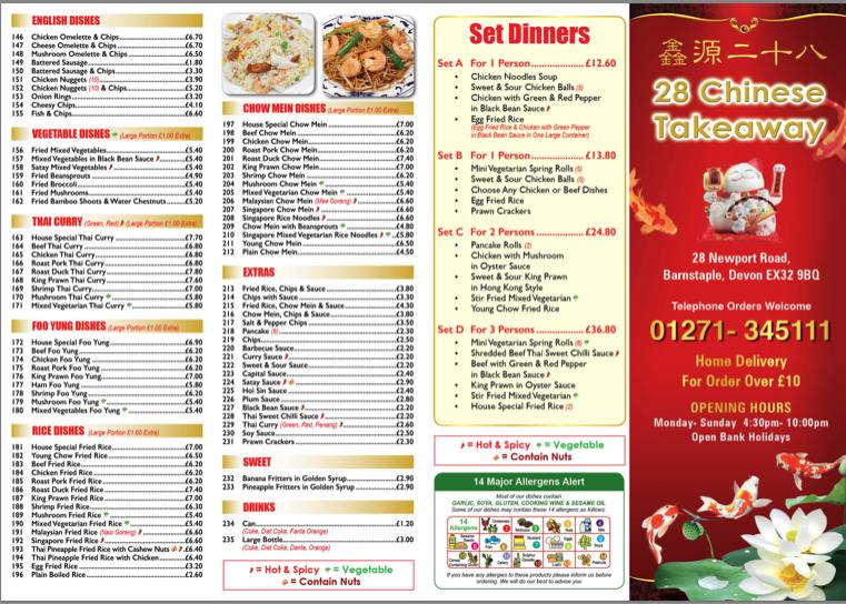 Menu at 28 Chinese Takeaway restaurant, Barnstaple
