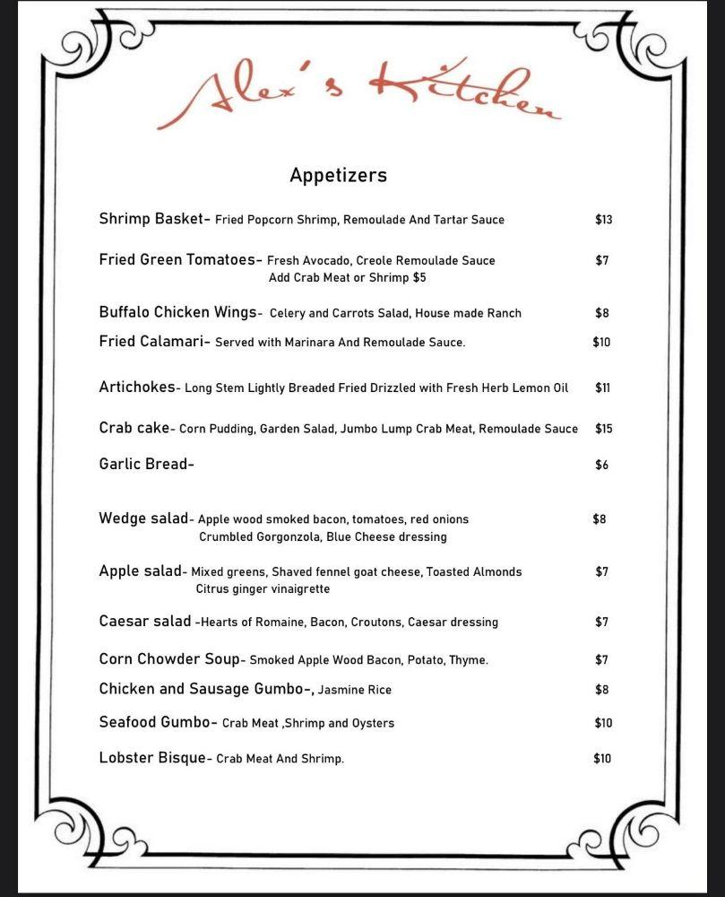 Menu at Alex's Kitchen restaurant, Missouri City