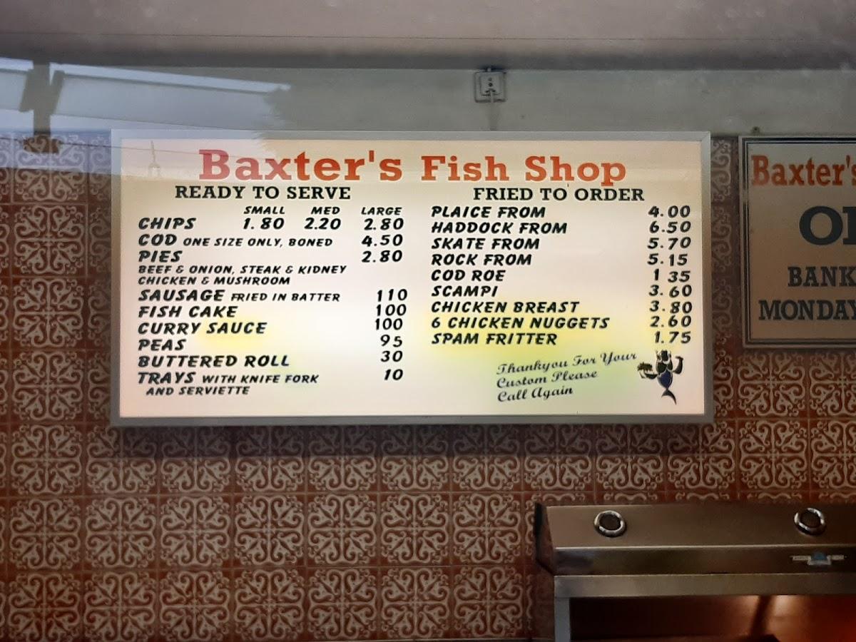 Menu at Baxter's Fish & Chip Shop restaurant, Sutton Bridge