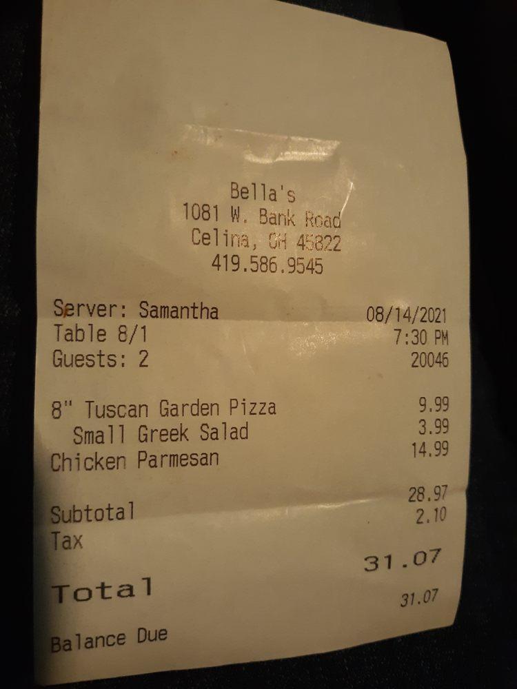 Menu at Bella's Italian Grille restaurant, Celina, W Bank Rd