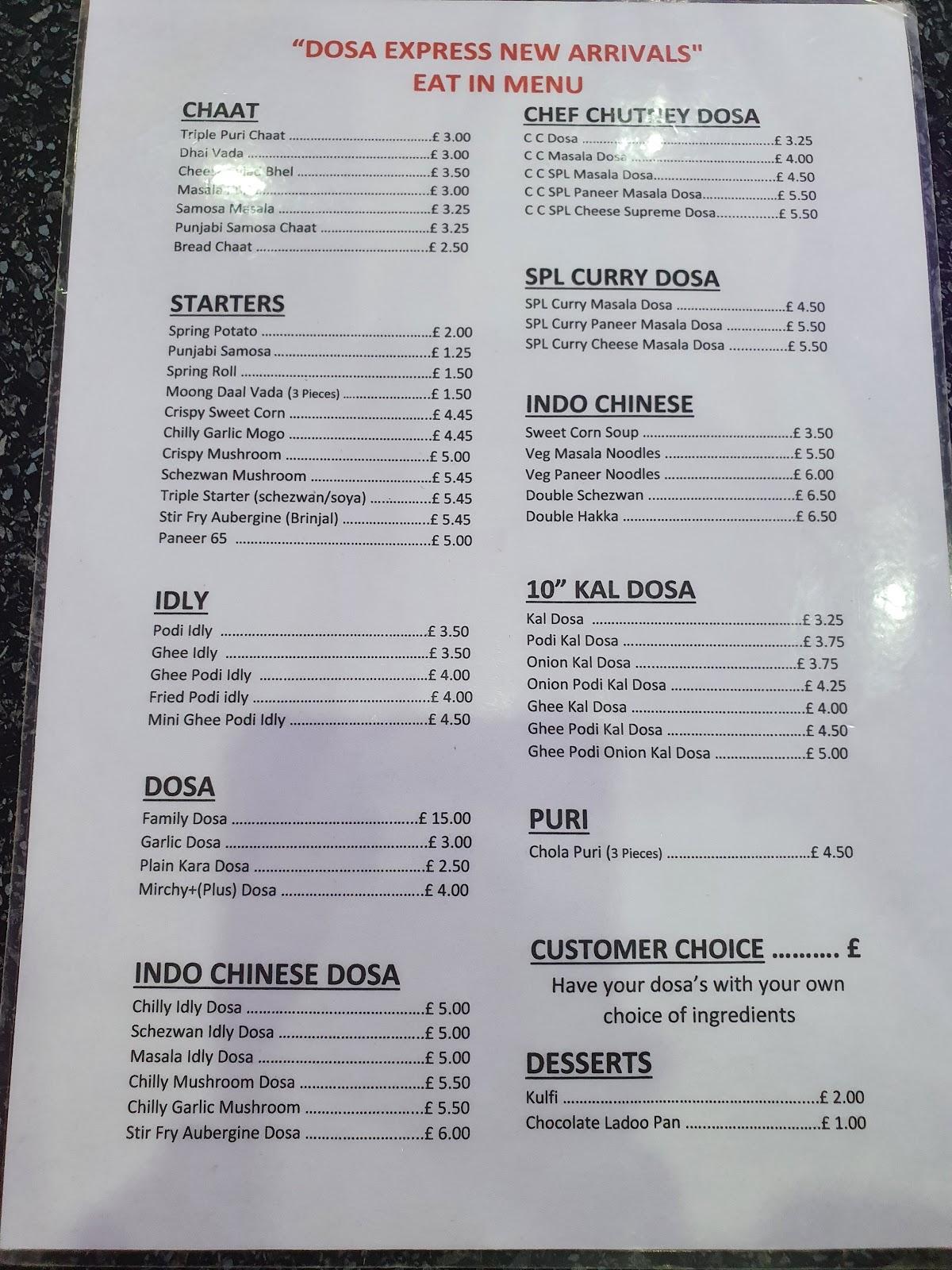 Menu at Dosa Express restaurant, Wembley