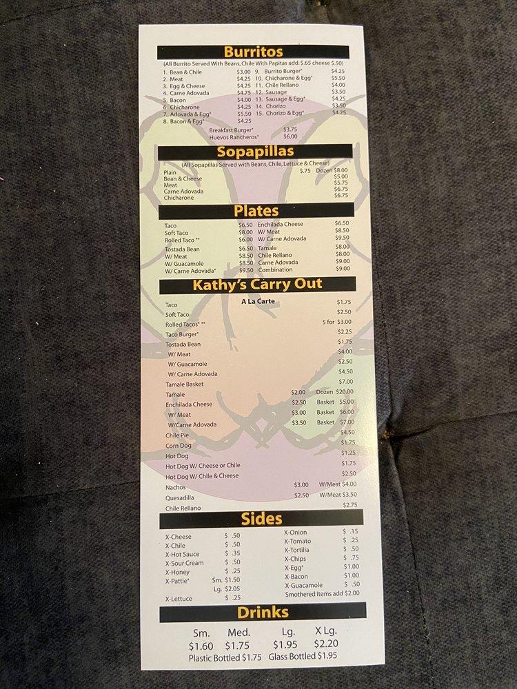 Menu at Kathy's Carry Out restaurant, Albuquerque