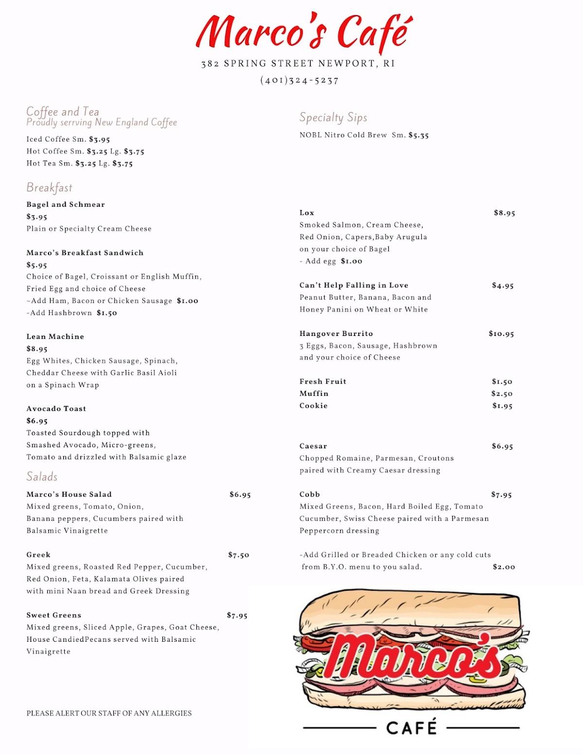 Menu at Marco's Café cafe, Newport