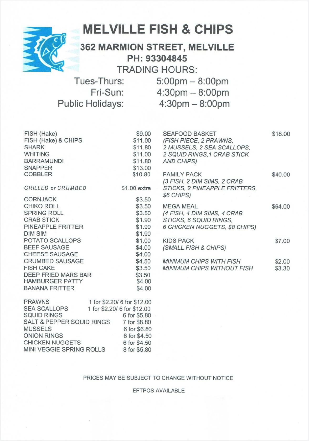 Menu at Melville Fish & Chips restaurant, Melville