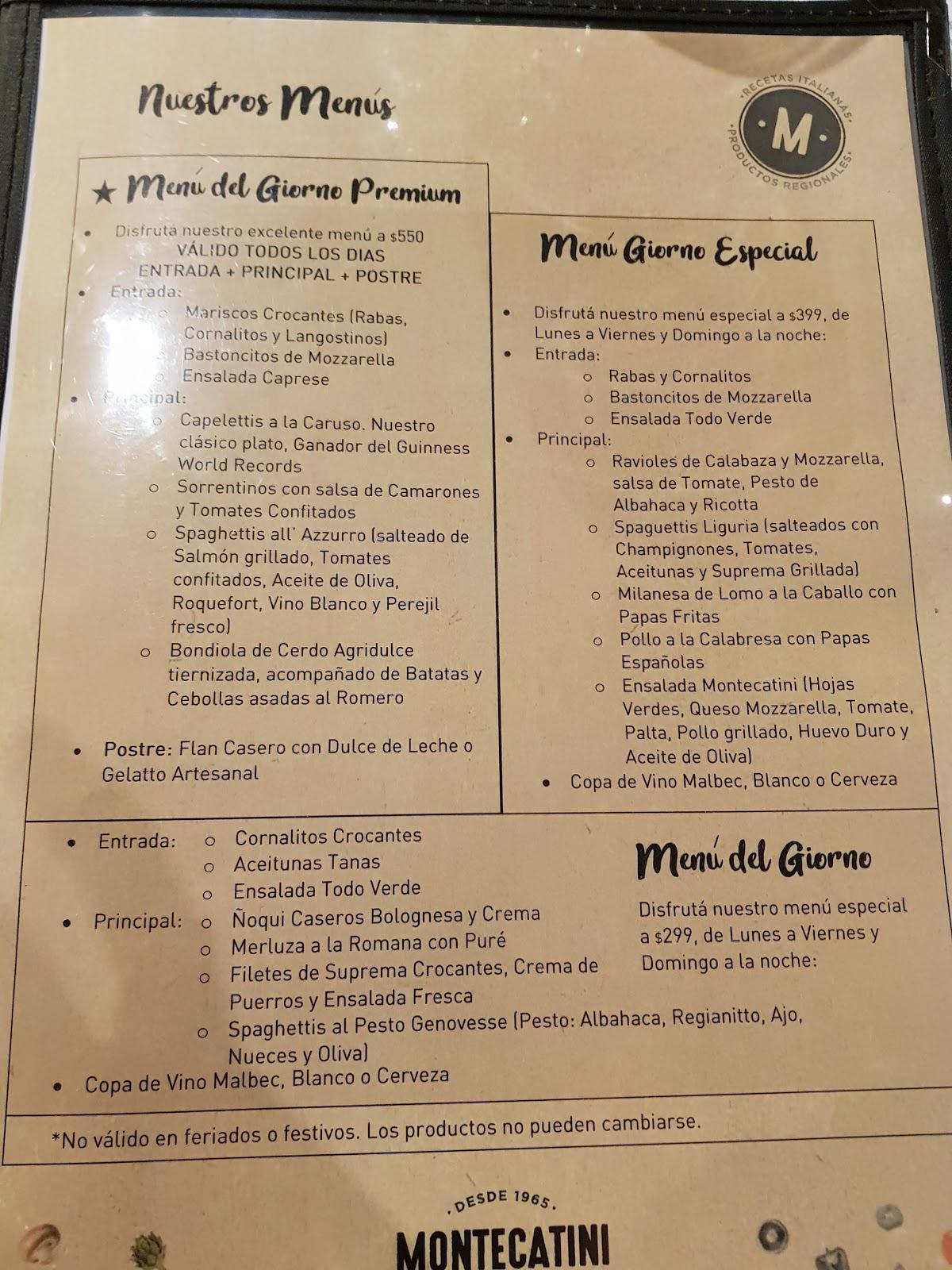 Menu at Montecatini - Palmares restaurant, Godoy Cruz