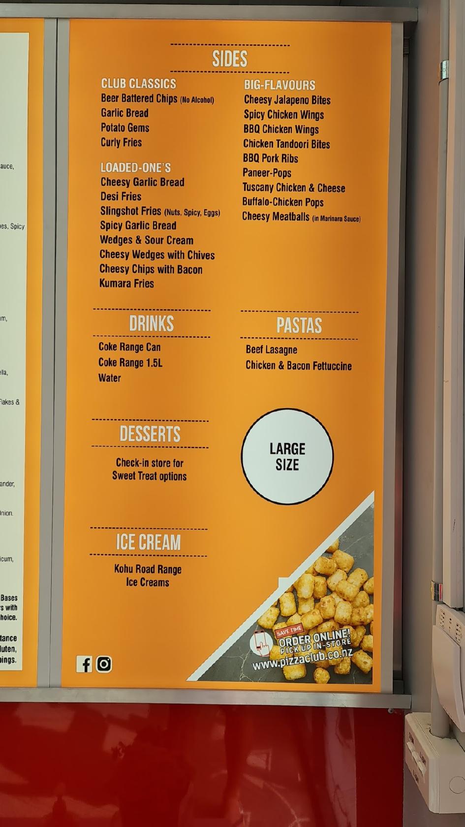 Menu at Pizza Club Max Glen Eden, Auckland