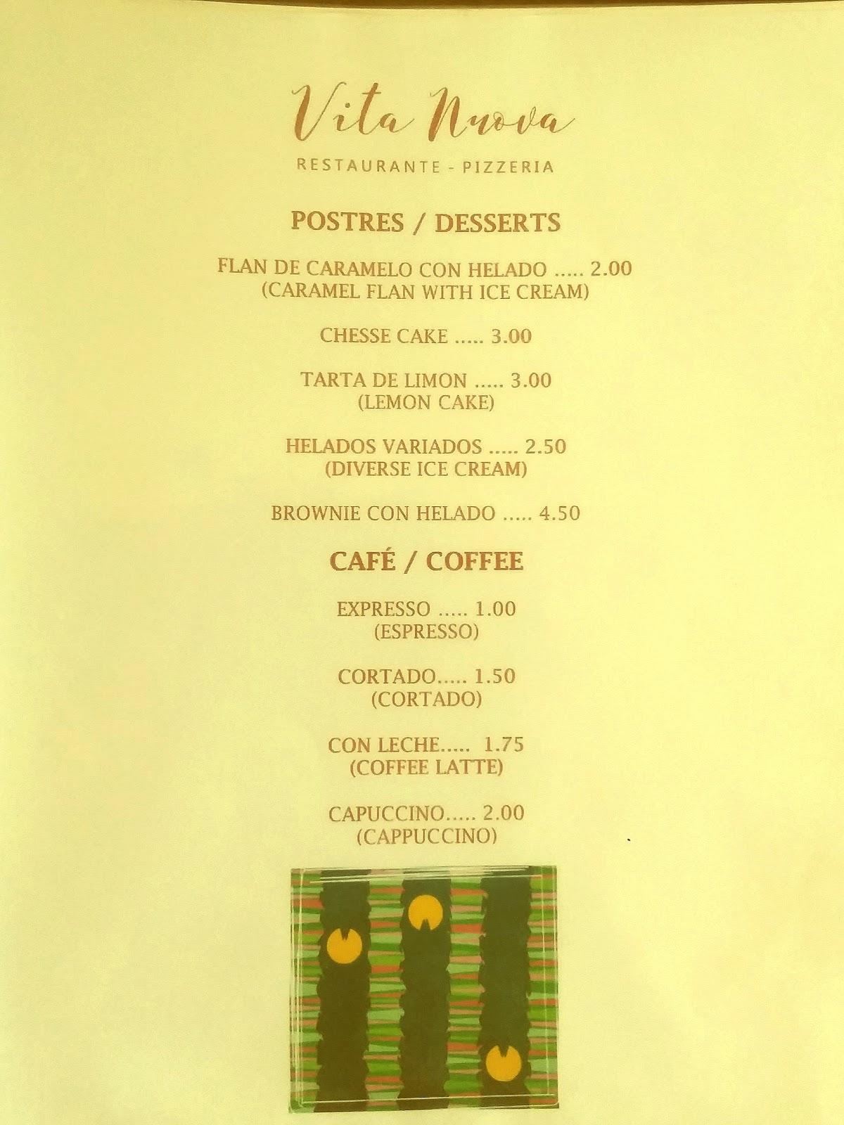 Menu at Vita Nuova restaurant, Havana