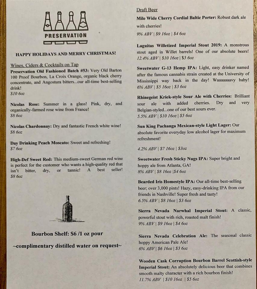 Menu at Preservation Tasting Room and Bottle Shop pub & bar, Bowling Green
