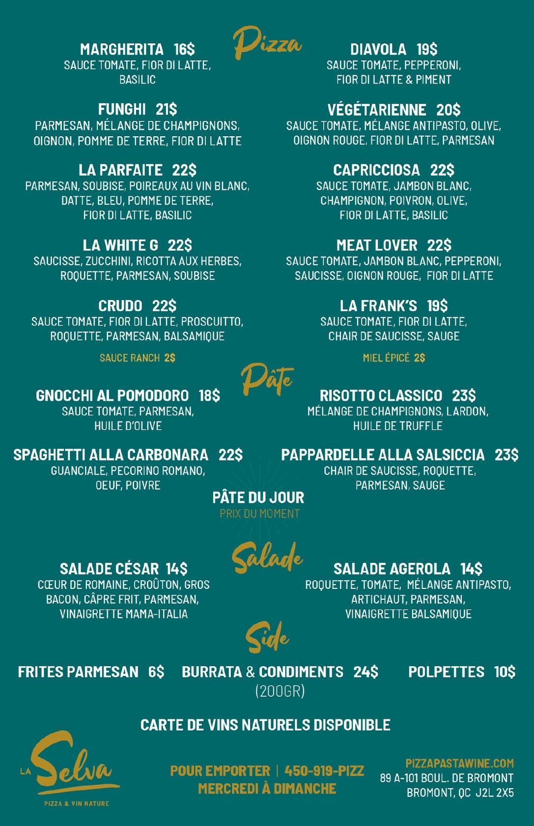 Menu au Restaurant La Selva, Bromont