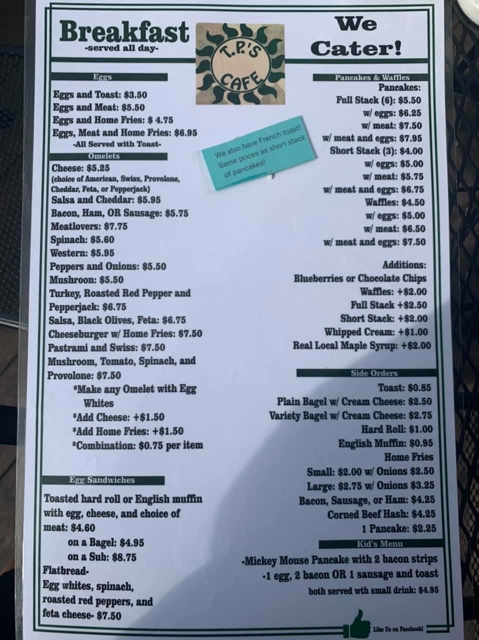 Menu at T P's Cafe, Stamford