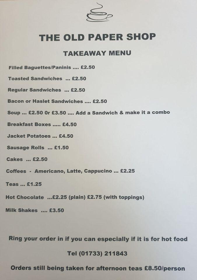 Menu at The Old Paper Shop cafe, Peterborough