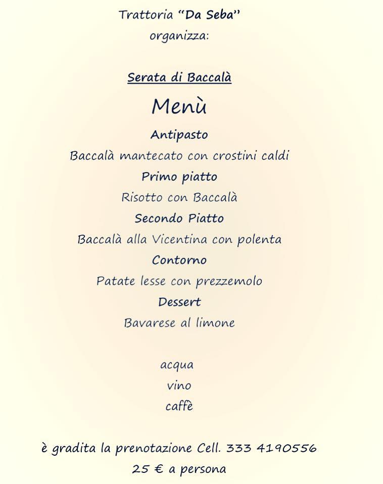 Menu at Trattoria da Seba restaurant, Vigonza