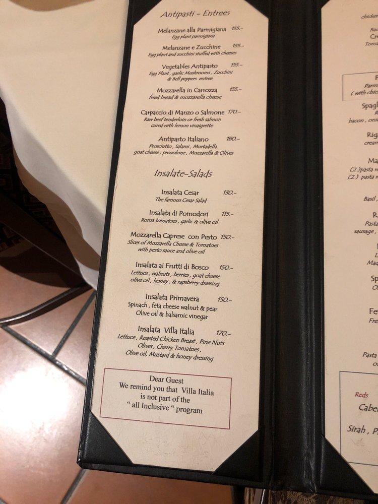 Menu at Ristorante Villa Italia restaurant, Mazatlán, Hotel El Cid Granada