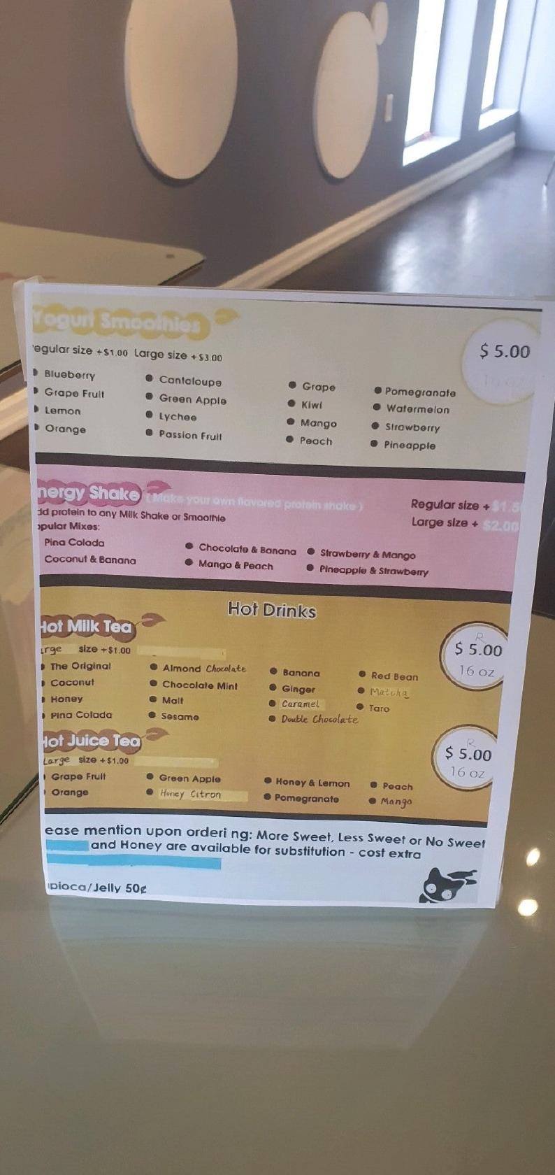 Menu au Wonder Bubble Tea café, Vaughan