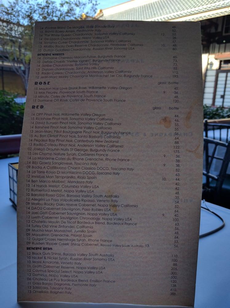 Menu at Yamashiro Hollywood restaurant, Los Angeles