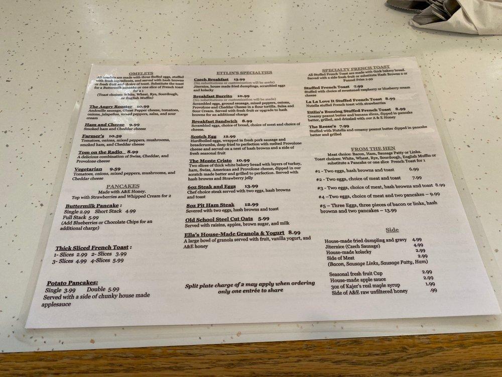 Menu at Ettlins Cafe, New Prague, 208 4th Ave SW