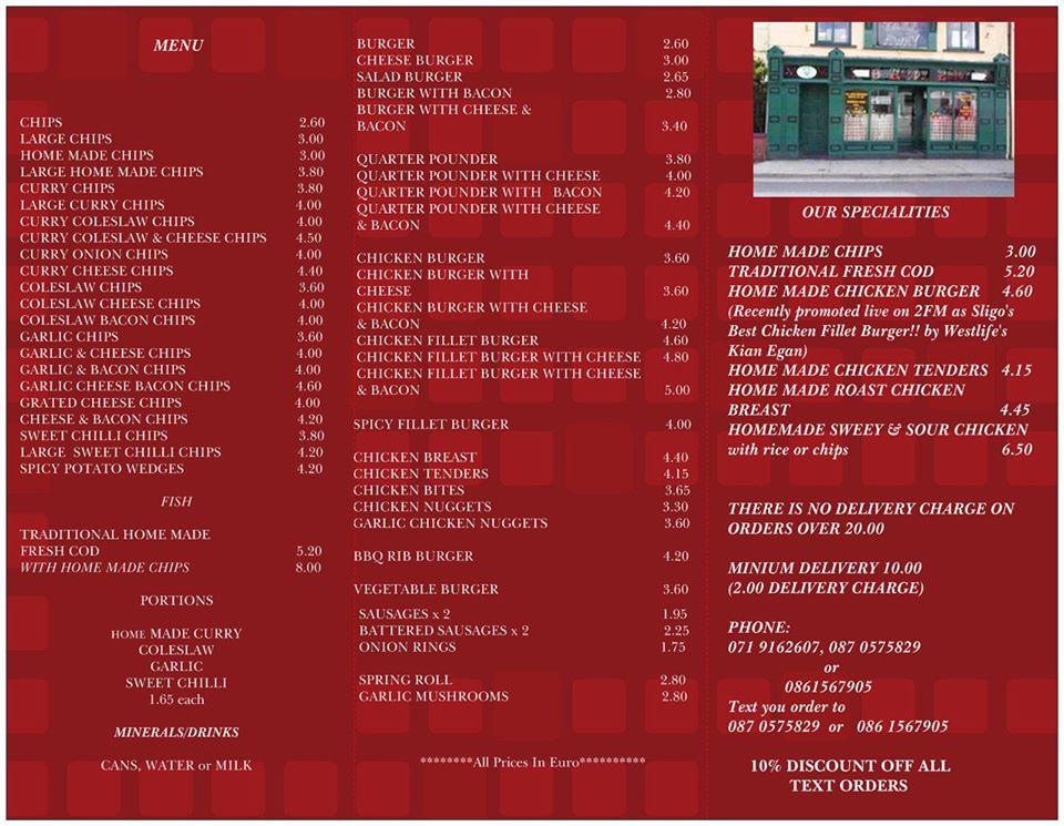 Menu at Happy Eater restaurant, Sligo