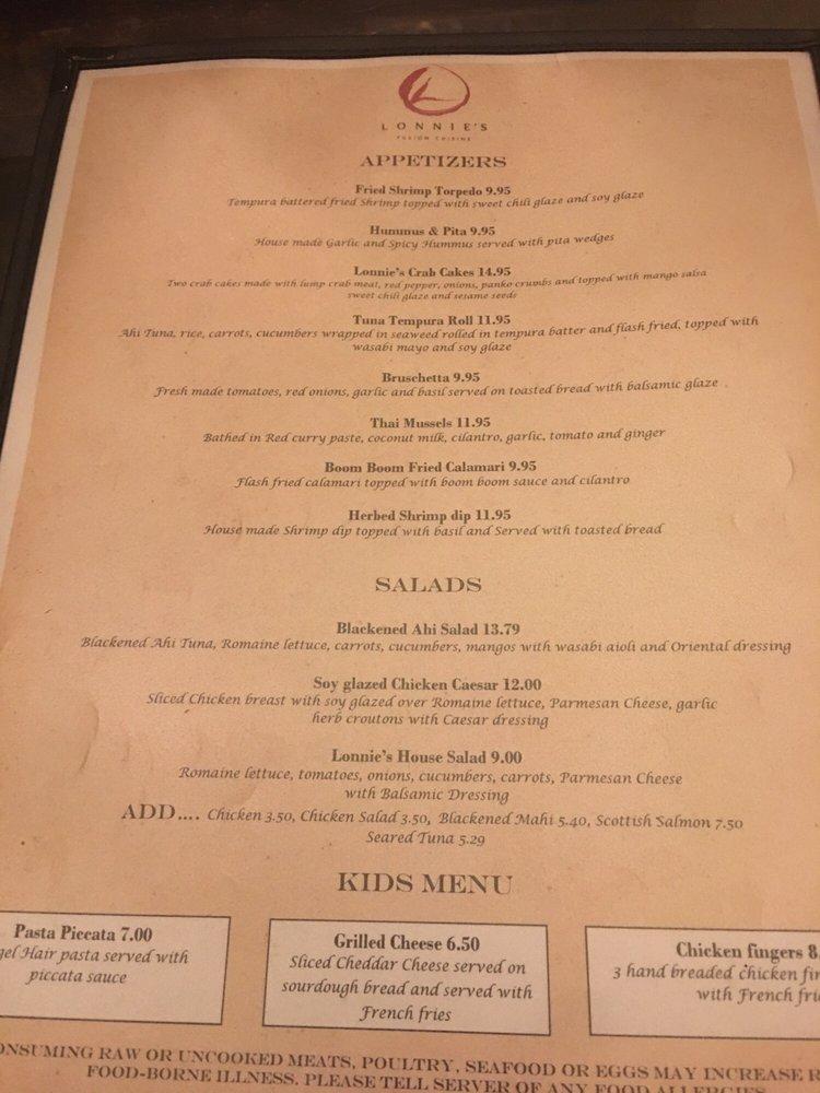 Menu at Lonnie's restaurant, Lake Mary