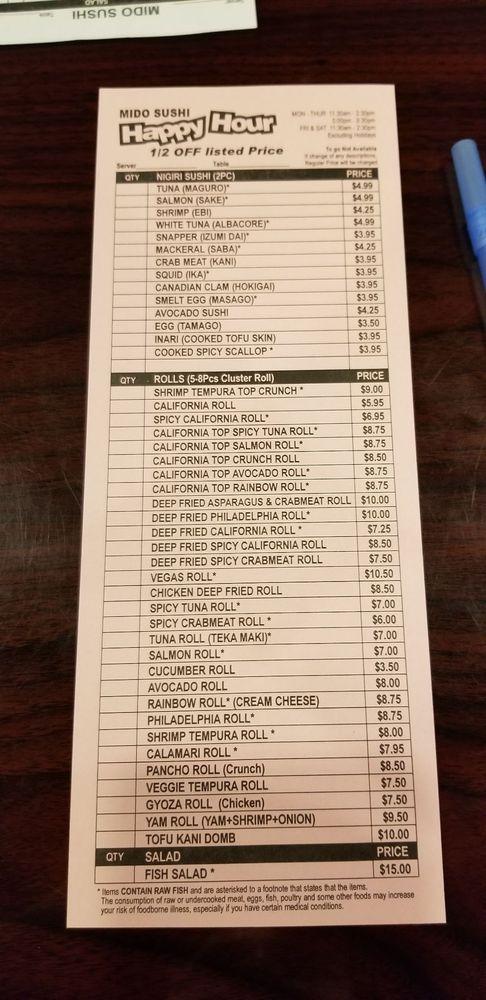 Menu at Mido Sushi restaurant, Chandler, W Ray Rd