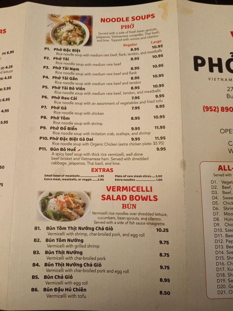 Menu at Pho Real restaurant, Burnsville