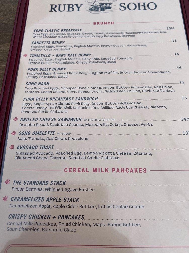 Menu at Ruby Soho pub & bar, Toronto