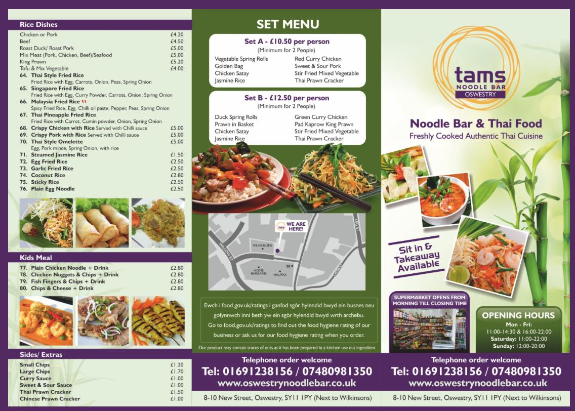 Menu at Tams Noodle Bar & Thai Food, Oswestry