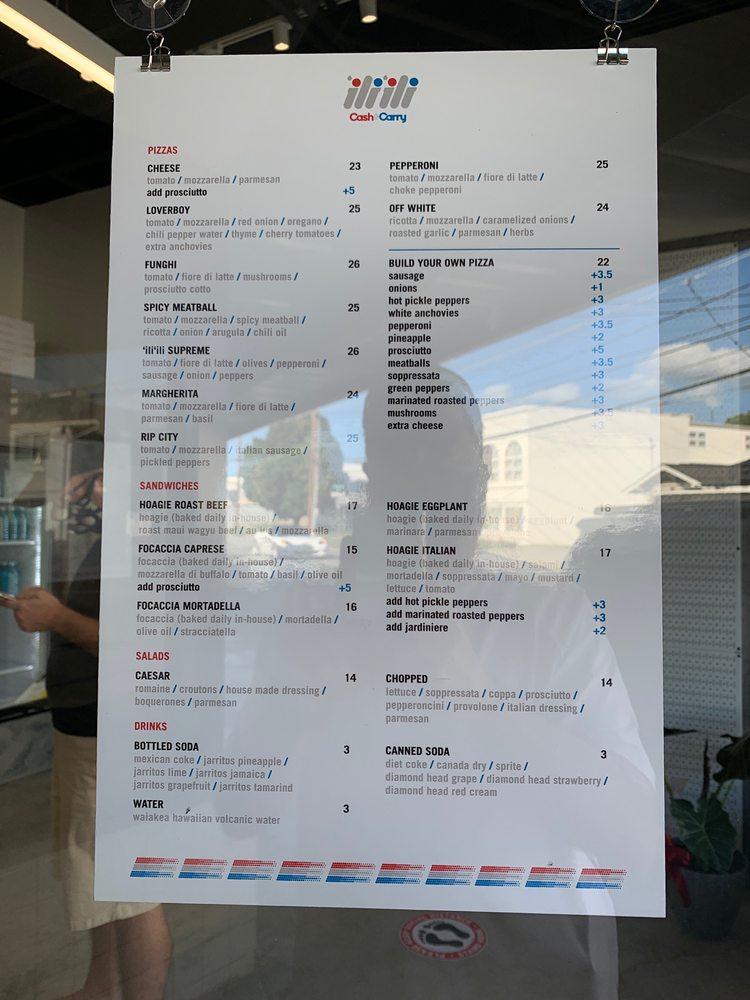 Menu at 'ili'ili Cash & Carry pizzeria, Honolulu