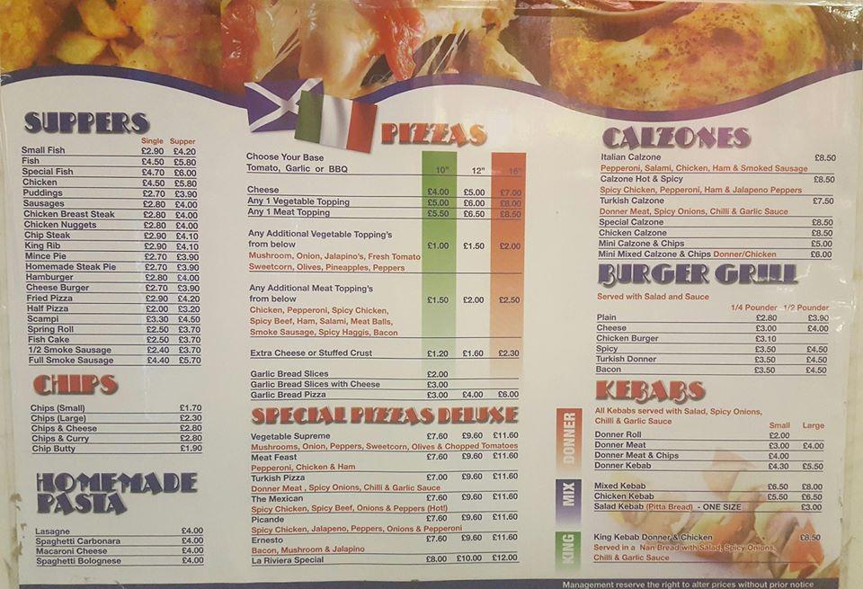 Menu at La Riviera Chip Shop restaurant, Kelty