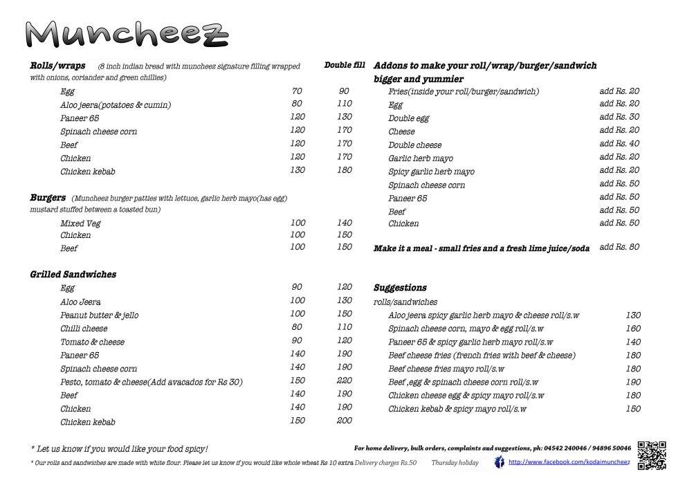 Menu at Muncheez, Kodaikanal